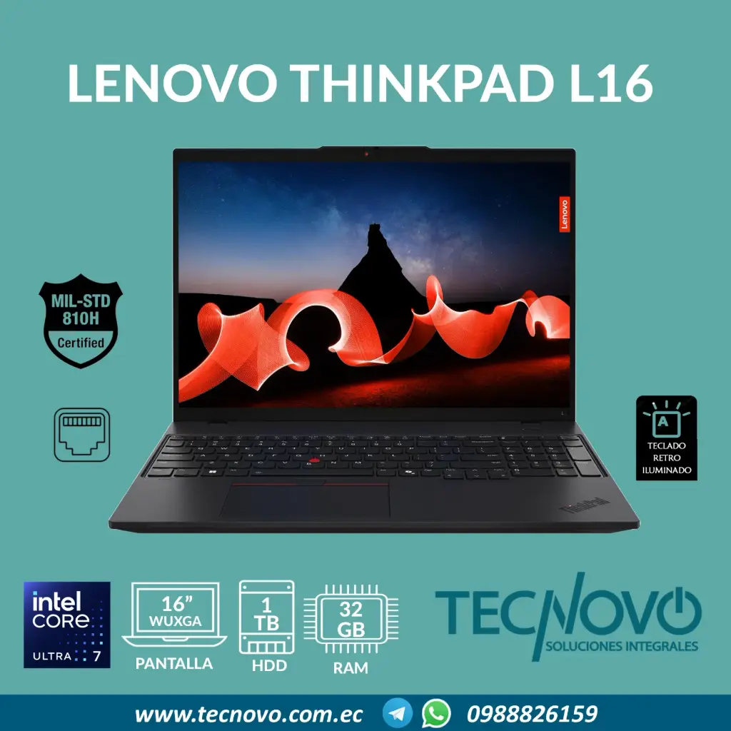 Laptop LENOVO ThinkPad L16 Intel Ultra 7-155U 32GB 1TB-SSD 16" WUXGA | TECNOVO SOLUCIONES INTEGRALES
